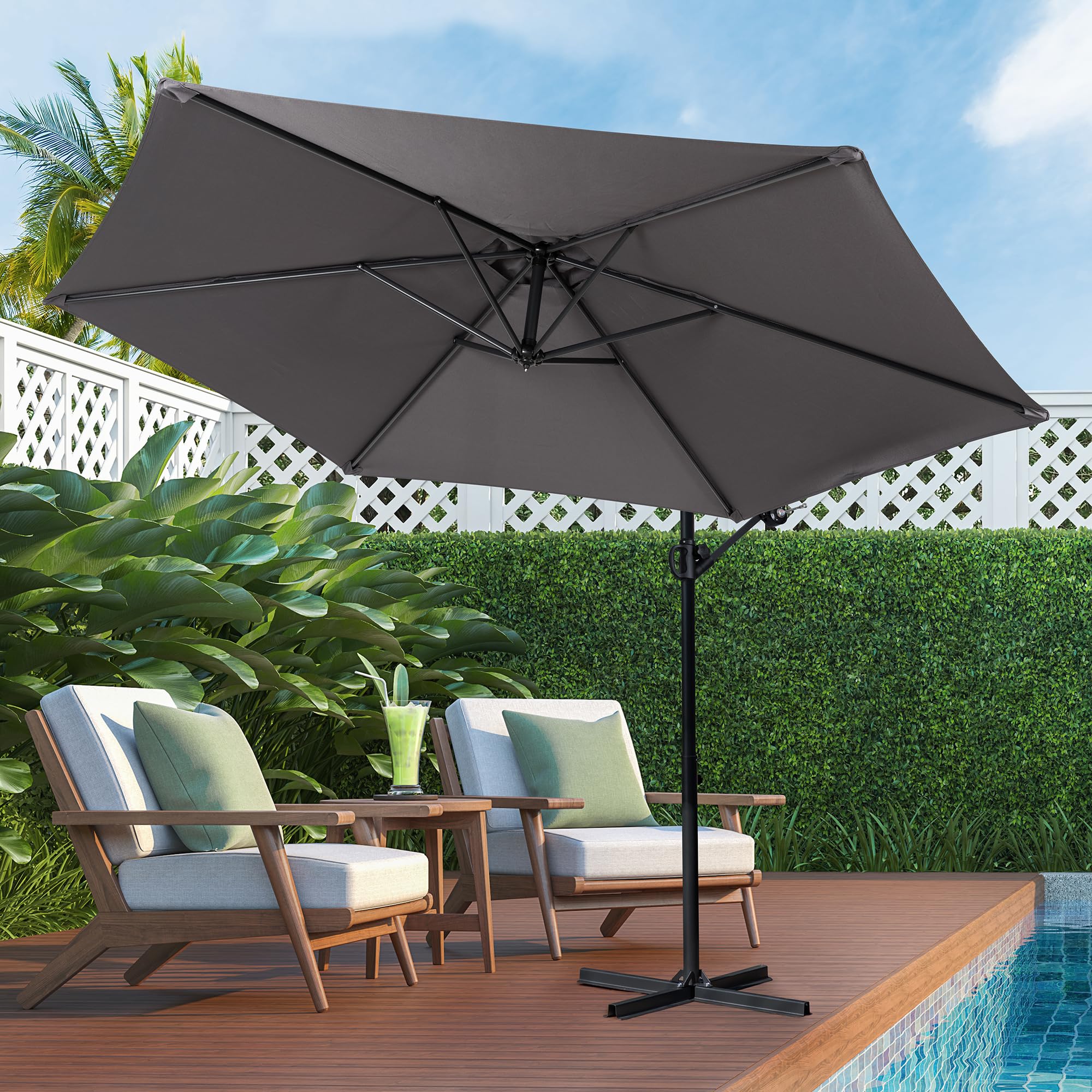 Shintenchi Patio Offset Umbrella with Easy Tilt Adjustment,Crank and Cross Base, Outdoor Cantilever Hanging Umbrella, Sunshade Umbrella Canopy, Dark Gray
