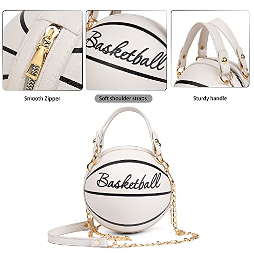 OHIW Women's basketball shoulder bag Messenger Bag handbag mini round bag PU bag, Zipper closure, suitable for women (white)