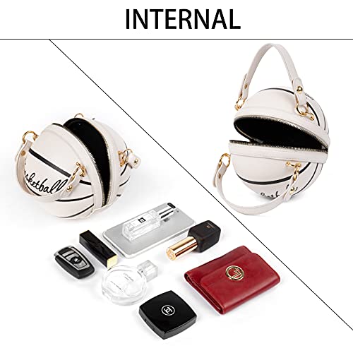 OHIW Women's basketball shoulder bag Messenger Bag handbag mini round bag PU bag, Zipper closure, suitable for women (white)
