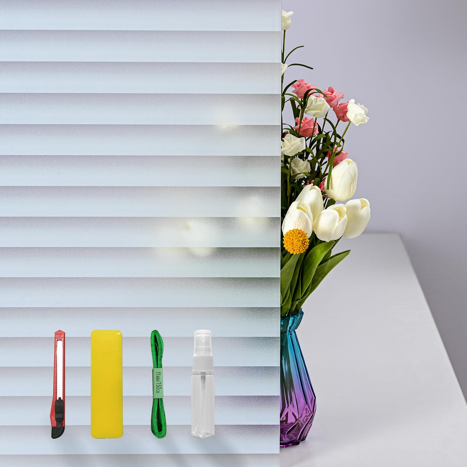 DERZGAO Window Privacy Film with Installation Tools, Blinds Pattern, Static Cling, Anti UV, Heat Control, Ideal for Home Shower Office Glass Door (Blinds Pattern, 17.5X78.7Inch)