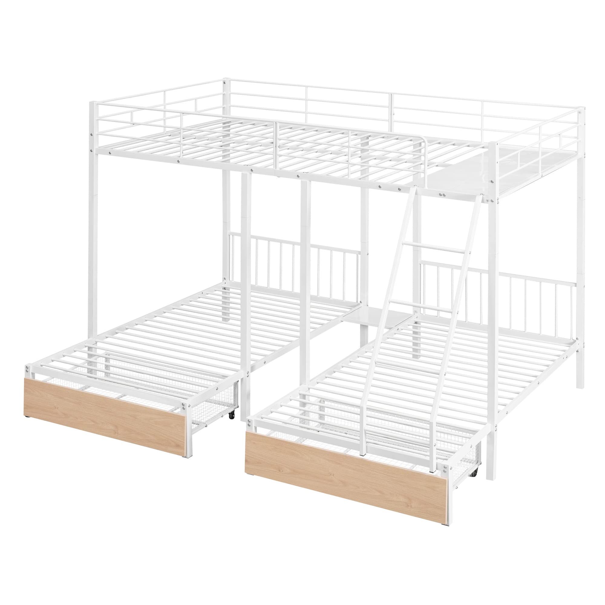 Metal Triple Bunk Bed Full Over Twin & Twin, Full Over Twin & Twin Bunk Bed with Storage Drawers, 3 Bunk Beds/Convertible Into 3 Beds, Metal Triple Bunk Beds for Kids,Teens, Girls(White)