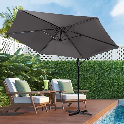 Shintenchi Patio Offset Umbrella with Easy Tilt Adjustment,Crank and Cross Base, Outdoor Cantilever Hanging Umbrella, Sunshade Umbrella Canopy, Dark Gray