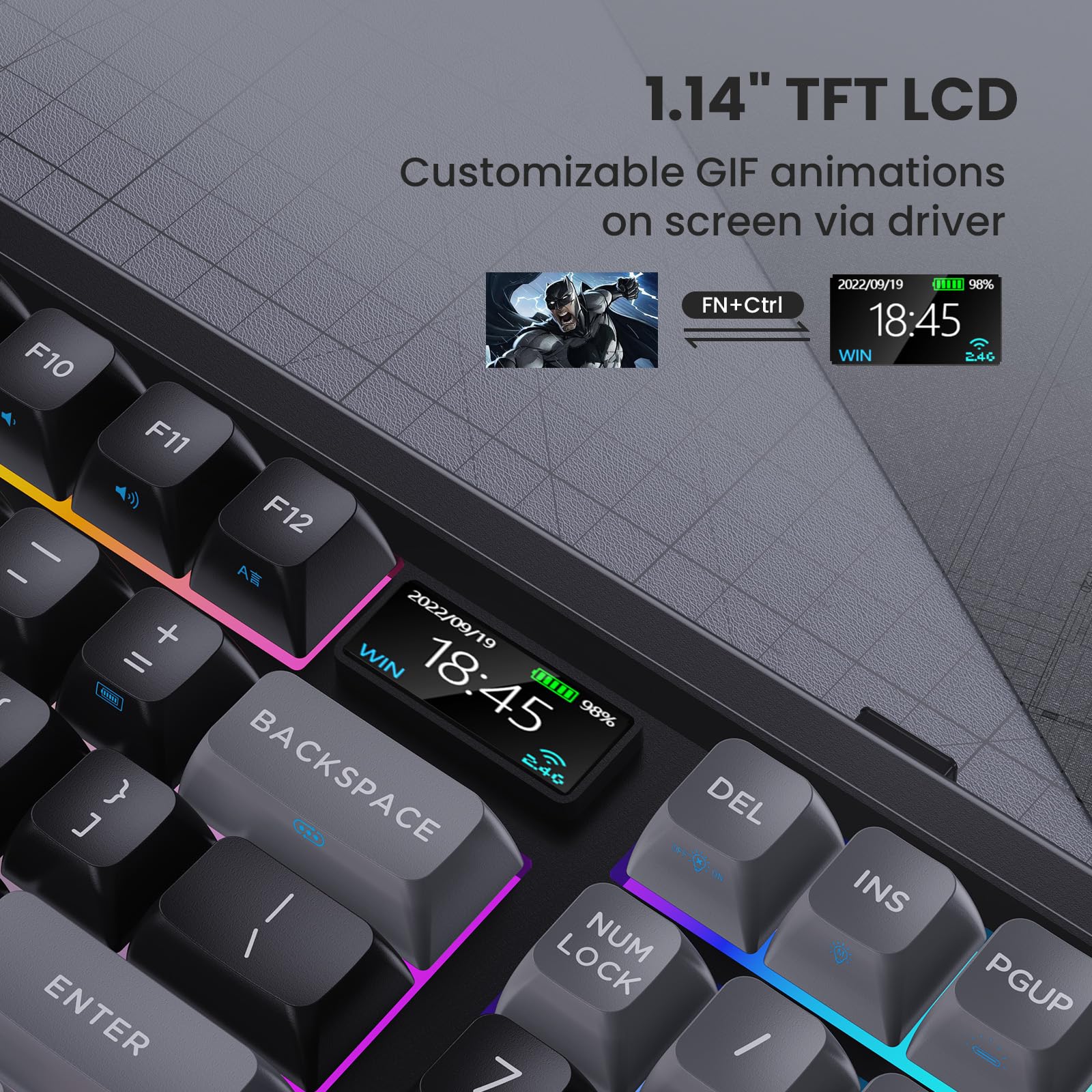 ROYALAXE L98 Wireless Mechanical Keyboard with 1.14” TFT LCD, Hot-swappable RGB Keyboard with Gateron G Yellow Pro Switches, Bluetooth/2.4G/Wired, Gasket Mount, PBT Keycaps, Charcoal Gray