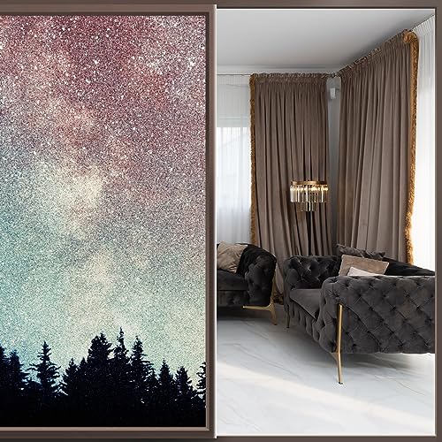 IOACIY Privacy Window Film Frosted Glass Sticker for Home Office Static Anti-UV Window Paper Decorative Window Covering for Bathroom (Universe Outer Space Starry Sky Red Blue-226, 17.7" x 23.6")