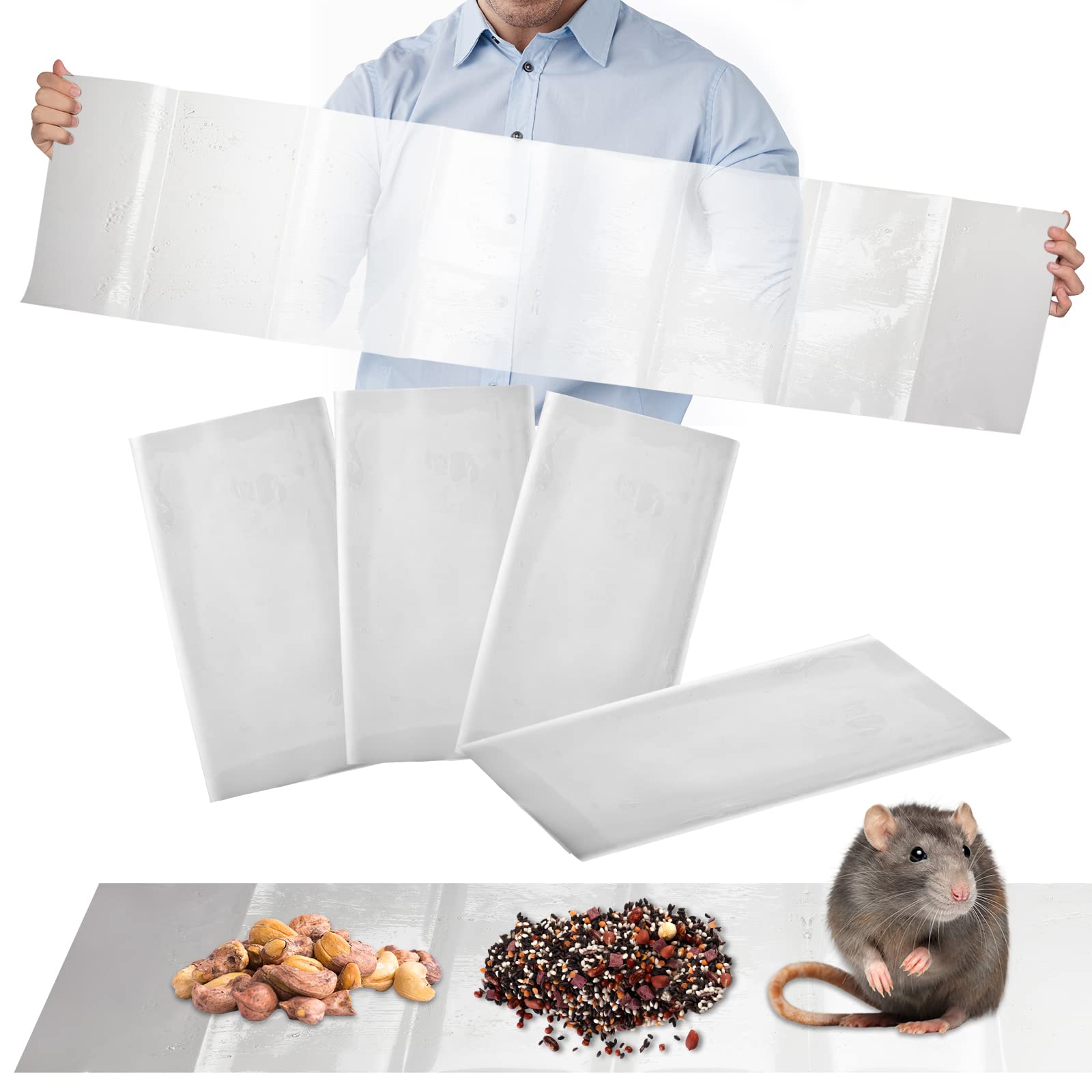 Qualirey 4 Pcs 47 Inch Ultra Large Sticky Mouse Glue Traps Sticky Rat Trap That Work for Rats Roaches Rodents Heavy Duty Pre Baited Mats Indoor Outdoor Catch Pest (White)