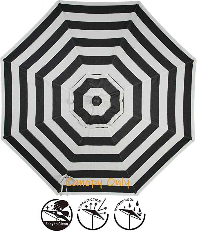 Bayside21 Black White Stripe Design Umbrella Canopy, 9 feet 8 Ribs Outdoor Patio Umbrella Replacement Canopy for 9ft 8 Ribs Sun Protection UPF 50+ Replacement Umbrella, Fade Resistant