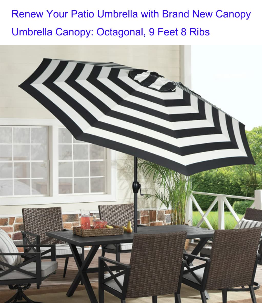 Bayside21 Black White Stripe Design Umbrella Canopy, 9 feet 8 Ribs Outdoor Patio Umbrella Replacement Canopy for 9ft 8 Ribs Sun Protection UPF 50+ Replacement Umbrella, Fade Resistant