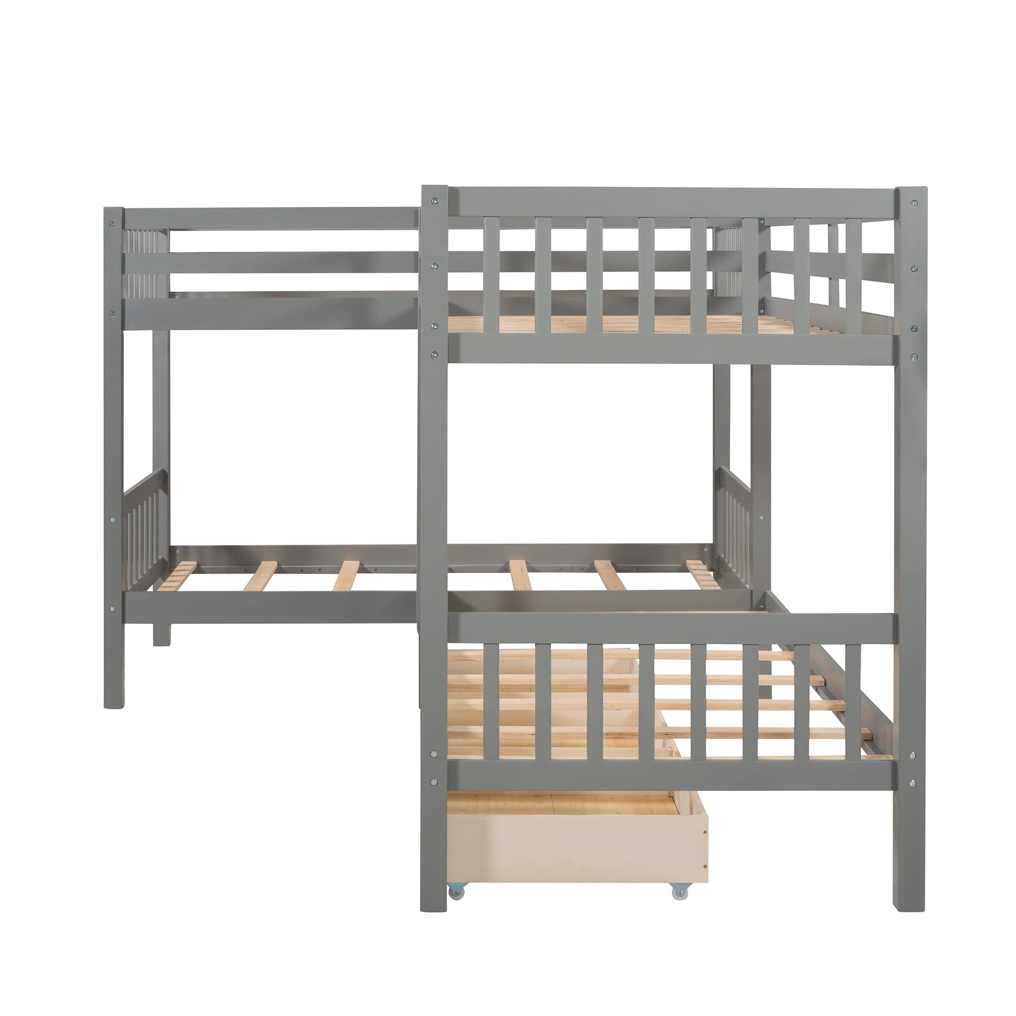 YUNLife&Home L-Shaped Bunk Beds for 4,Solid Wood Bunk Bed Frame with 3 Storage Drawers,Twin Over Twin Size Corner Bunk Bed,Wood Quad Bunk Beds Frame for Kids Teens Girls Boys