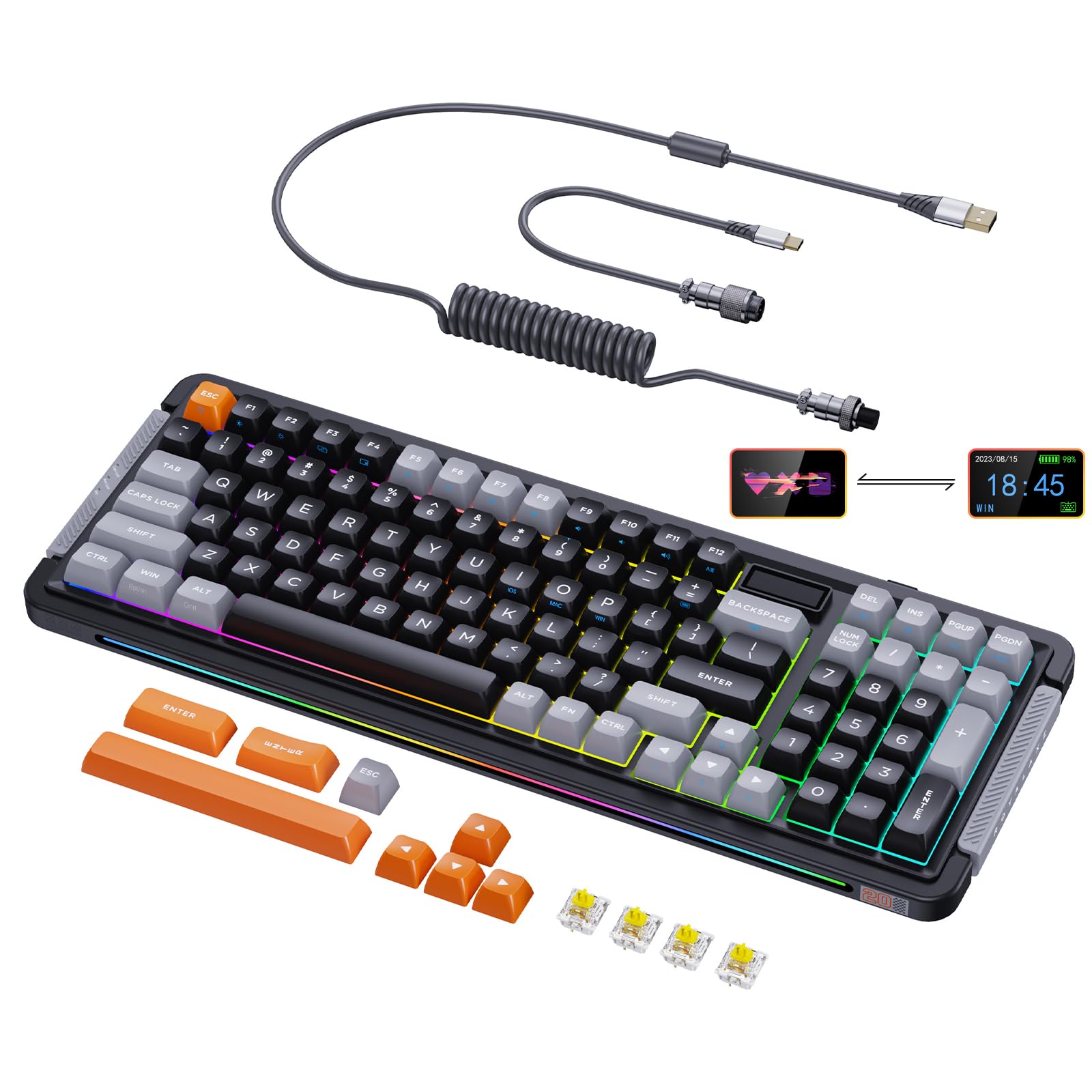 ROYALAXE L98 Wireless Mechanical Keyboard with 1.14” TFT LCD, Hot-swappable RGB Keyboard with Gateron G Yellow Pro Switches, Bluetooth/2.4G/Wired, Gasket Mount, PBT Keycaps, Charcoal Gray