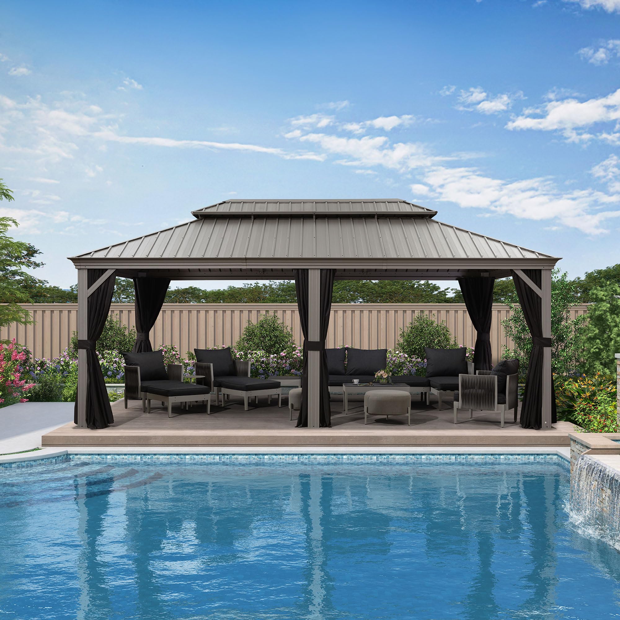 PURPLE LEAF 12' x 20' Permanent Hardtop Gazebo with Galvanized Steel Double Roof and Aluminum Frames Outdoor Large Pavilion Gazebo for Patio Deck Garden, Netting and Curtains Included, Light Grey