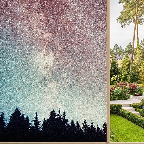 IOACIY Privacy Window Film Frosted Glass Sticker for Home Office Static Anti-UV Window Paper Decorative Window Covering for Bathroom (Universe Outer Space Starry Sky Red Blue-226, 17.7" x 23.6")