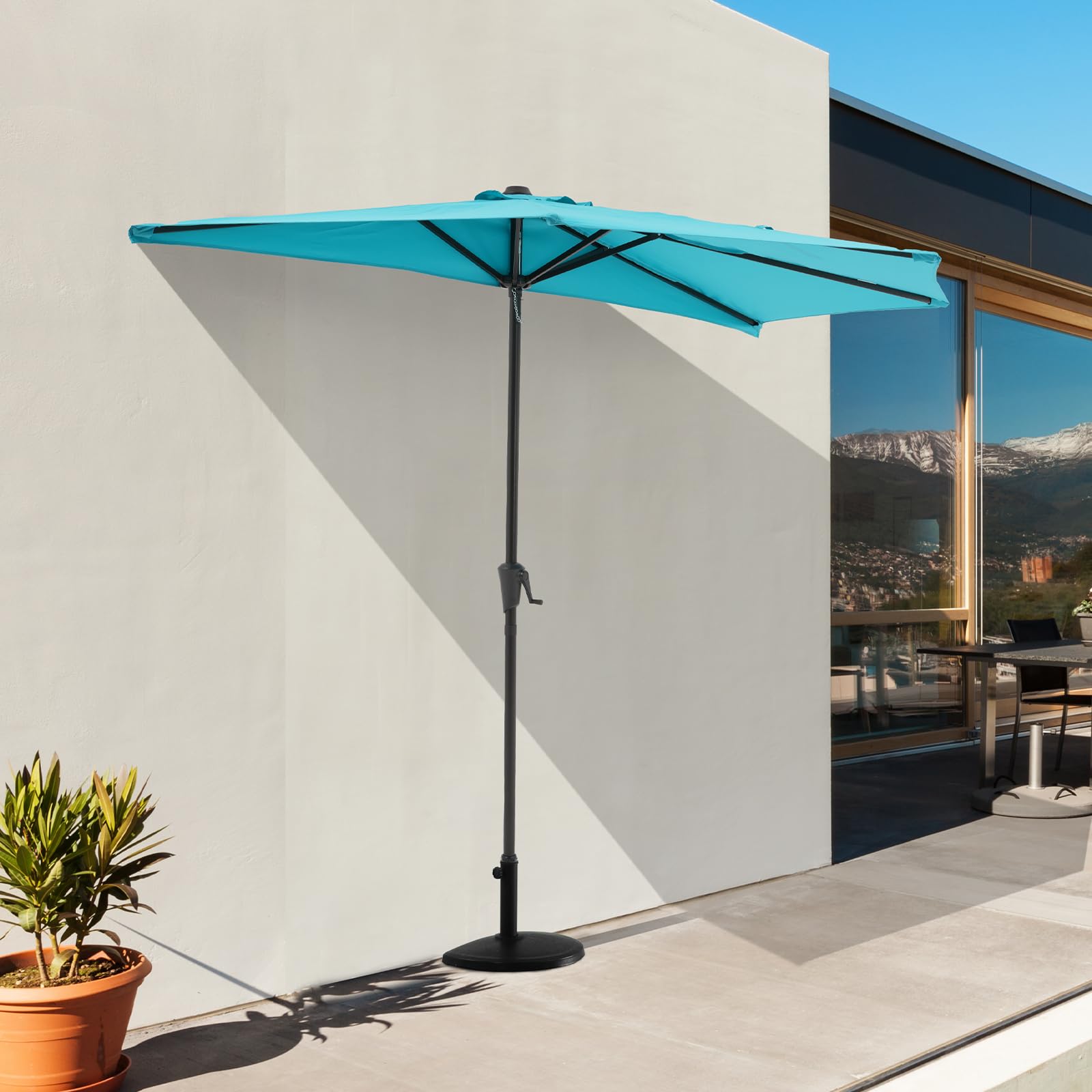COBANA 9’ Half Round Patio Outdoor Umbrella with Crank for Deck, Balcony, Garden or Terrace Shade, Blue