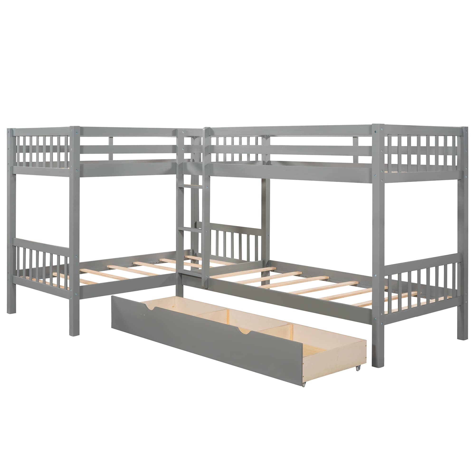 YUNLife&Home L-Shaped Bunk Beds for 4,Solid Wood Bunk Bed Frame with 3 Storage Drawers,Twin Over Twin Size Corner Bunk Bed,Wood Quad Bunk Beds Frame for Kids Teens Girls Boys