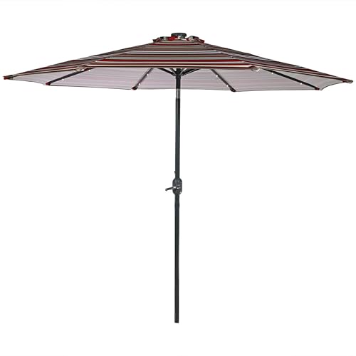 Sunnydaze 9 Foot Outdoor Patio Umbrella with Solar Lights & Tilt/Crank, LED, Awning Stripe