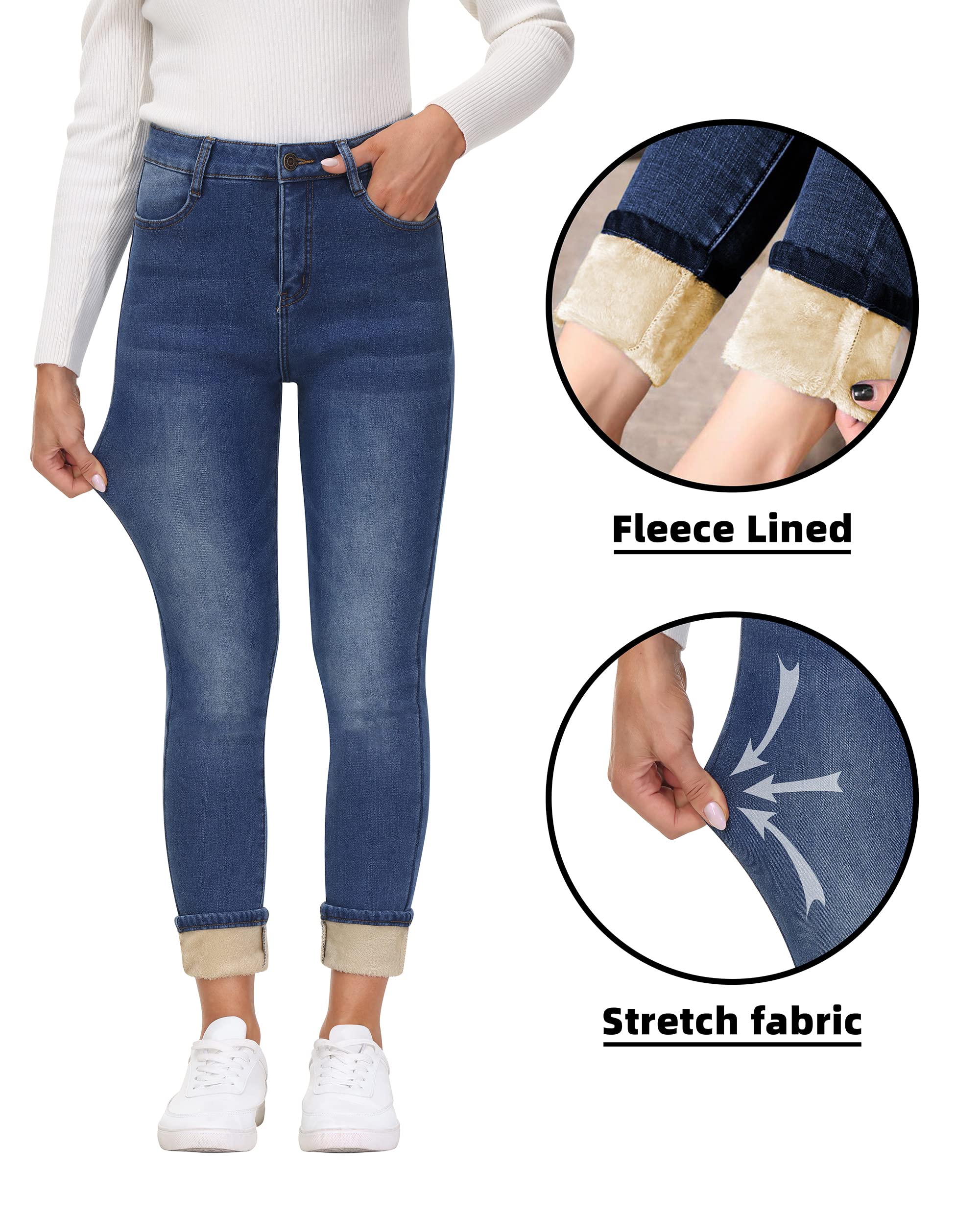 AMRSPENG Women's Fleece Lined Jeans Winter Flannel Lined Pants Thicken Stretch Warm Thermal Skinny Jeans,Dark Blue, Size 12
