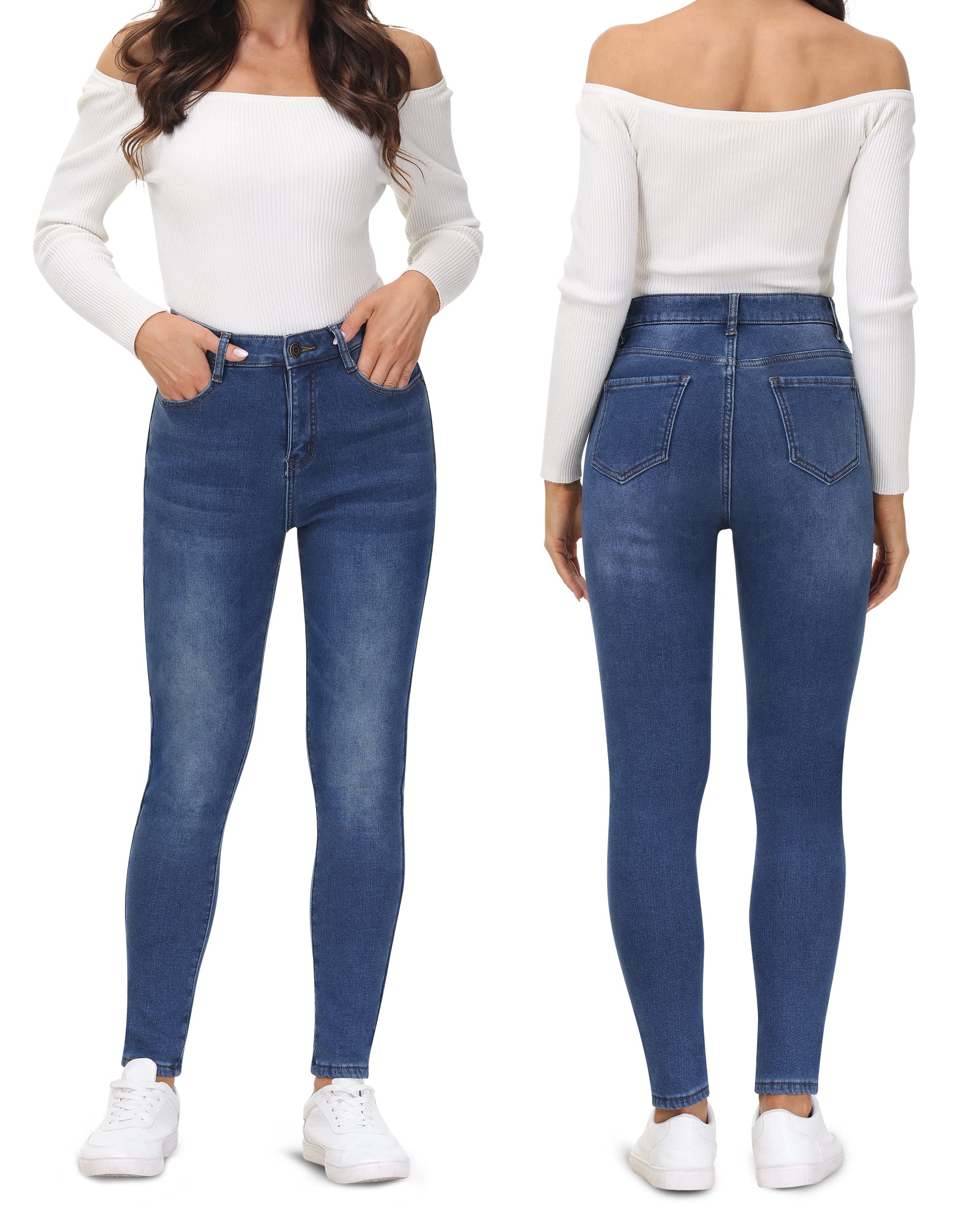 AMRSPENG Women's Fleece Lined Jeans Winter Flannel Lined Pants Thicken Stretch Warm Thermal Skinny Jeans,Dark Blue, Size 12