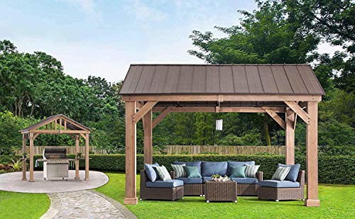 Coen L-GZ1171PWD-B Hudson Cedar Wood Pavilion with Hardtop, Gazebo, 14'x12', Natural/Brown