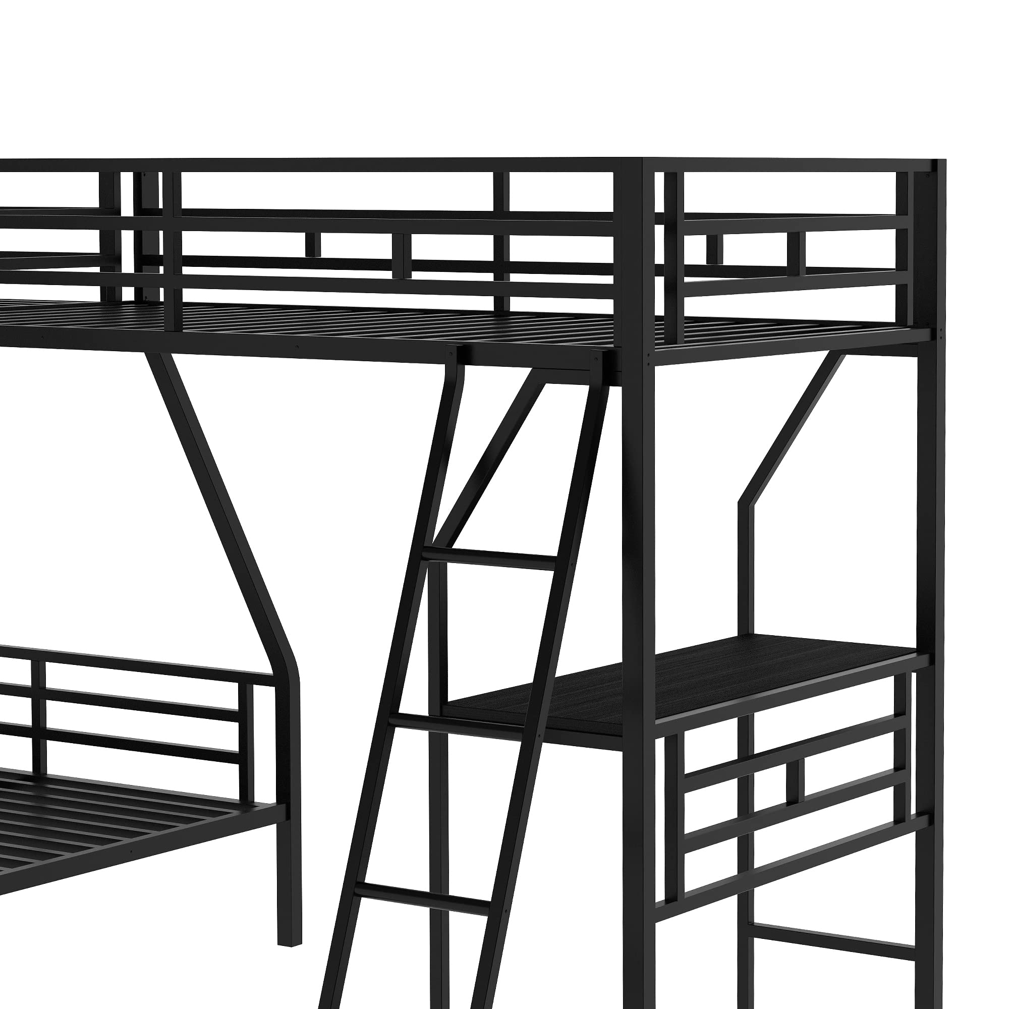 SZUBEE Twin-Over-Full Metal L-Shaped Triple Bunk Bed with a Twin Size Loft Bed & Desk, Space Saving Bedroom Furniture for Kids Teens, Black