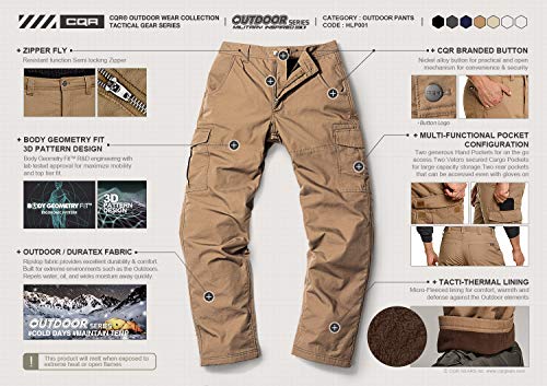 CQR Men's Winter Tactical Cargo Pants, Thermal Fleece Lined Outdoor Snow Ski Hiking Work, Fleece Cargo Coyote, 34W x 32L