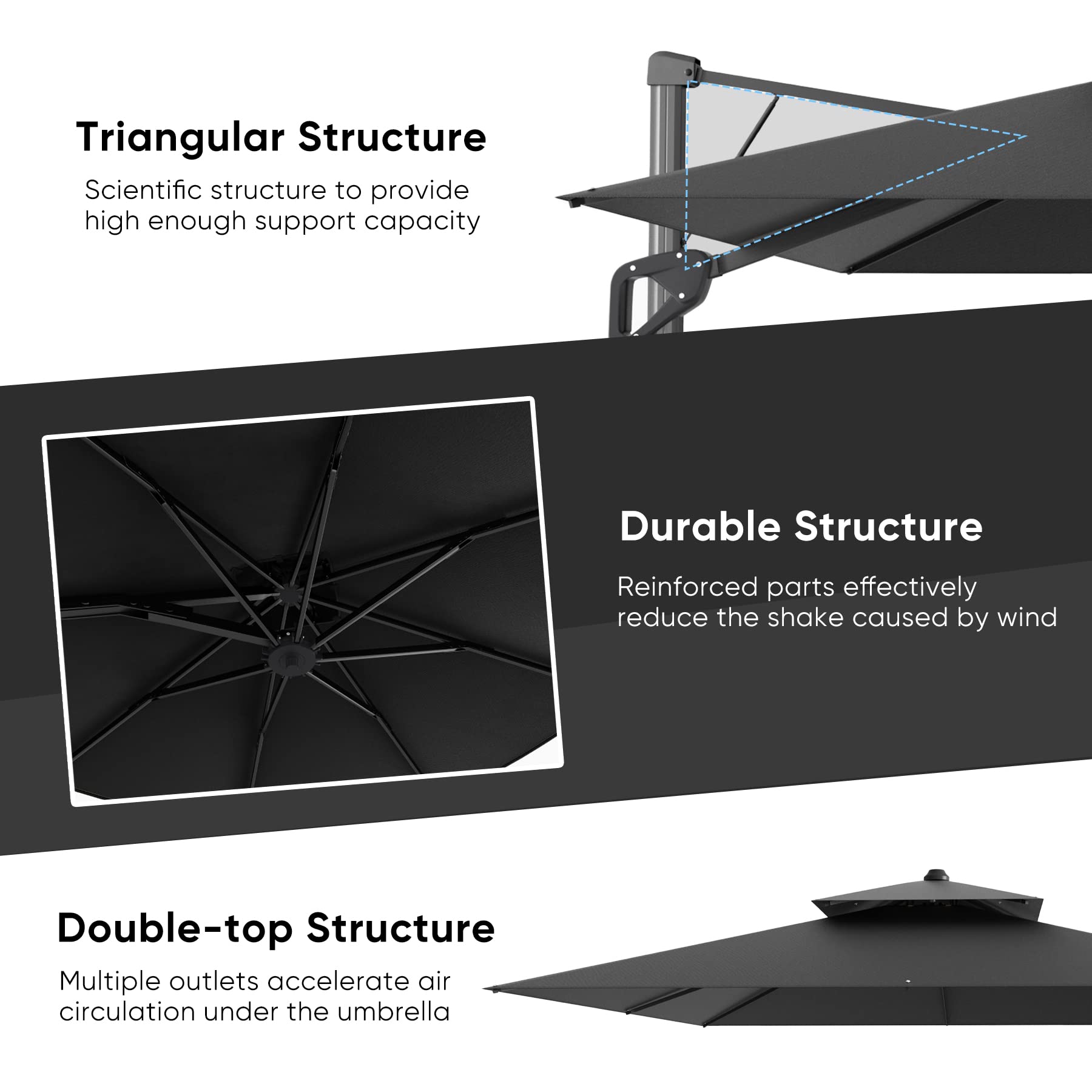 Nalupatio Patio umbrella 10FT Outdoor Square Umbrella Large Cantilever Umbrella 360°Rotation Hanging Double Top Offset for Garden Deck Pool Patio (Grey)