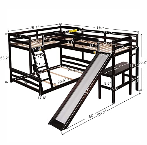 GINGVAT L-Shaped Bunk Beds for 3, Wooden Triple Bunk Bed with Slide and Desk, Twin Over Full Bunk Bed & Twin Size Loft Bed with Desk, for Kids Teens Adults, Espresso