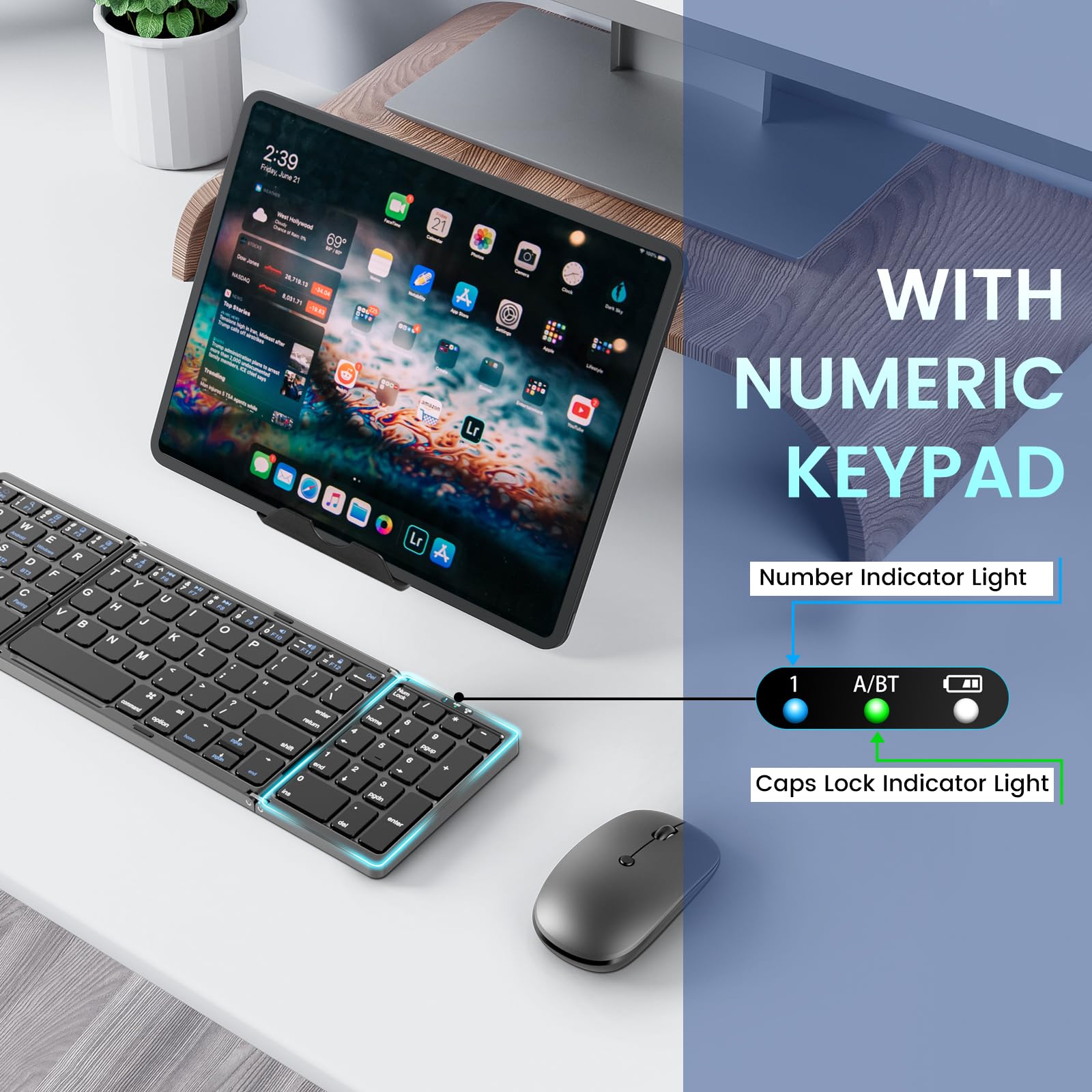 Rimyet Foldable Keyboard and Mouse Combo, Portable Travel Keyboard with Numeric Keypad, Bluetooth, Rechargeable, Compatible with Laptop, Tablet, iPad, Sync Up to 3 Devices, Hard Carrying Case