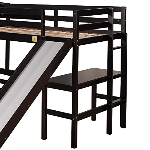 GINGVAT L-Shaped Bunk Beds for 3, Wooden Triple Bunk Bed with Slide and Desk, Twin Over Full Bunk Bed & Twin Size Loft Bed with Desk, for Kids Teens Adults, Espresso