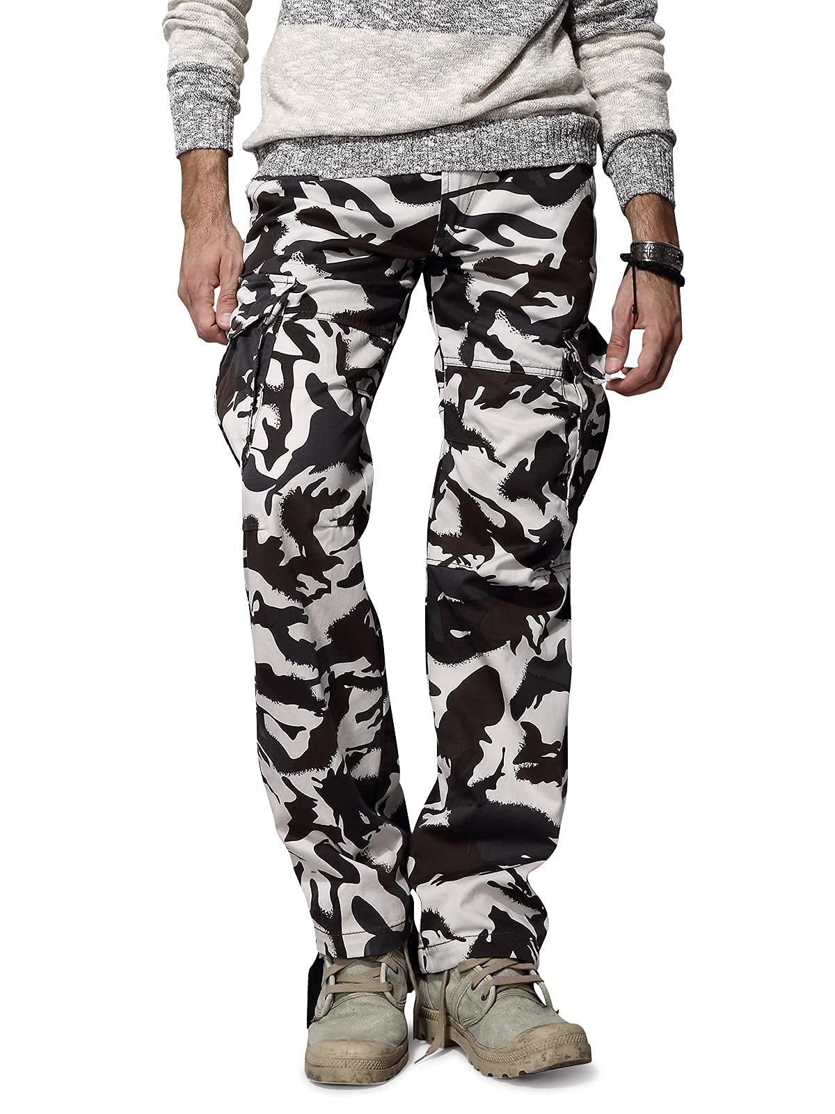 Mesinsefra Men's Cotton Casual Military Army Cargo Camo Combat Work Pants with 8 Pocket Camo White 38