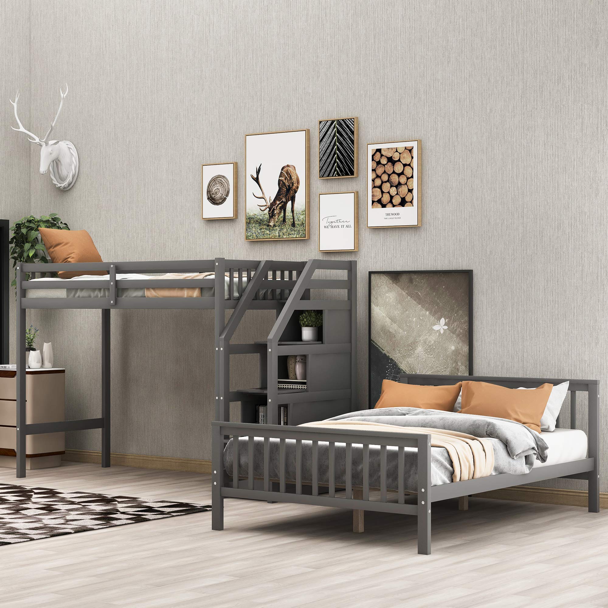 Harper & Bright Designs Gray Twin Over Full Bunk Beds with Staircase, Wooden L Shaped Bunk Beds for Kids, Twin Size Loft Bed with Storage Drawers and Full Platform Bed, No Box Spring Needed (Gray)