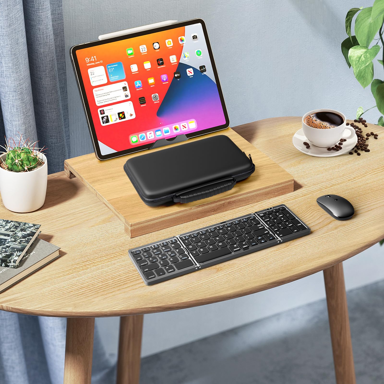 Rimyet Foldable Keyboard and Mouse Combo, Portable Travel Keyboard with Numeric Keypad, Bluetooth, Rechargeable, Compatible with Laptop, Tablet, iPad, Sync Up to 3 Devices, Hard Carrying Case