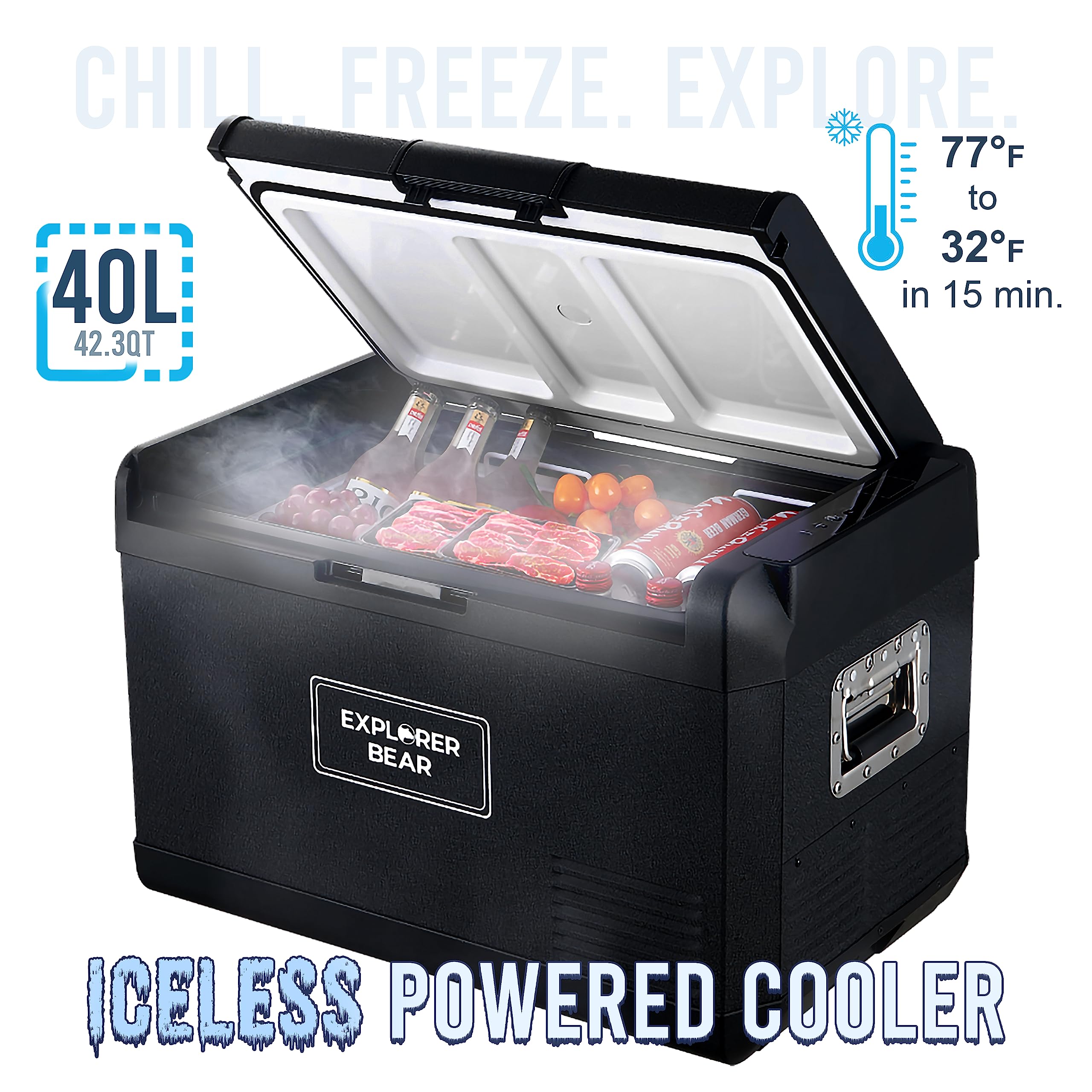 Explorer Bear 12 Volt Refrigerator 12V Car Fridge 40L/42.3Qt 12/24V DC 110-240V AC Portable Freezer Compressor Cooler 0℉-50℉ 3-Year Warranty For Truck Van RV SUV Boat Trailer Travel Road Trips Camping