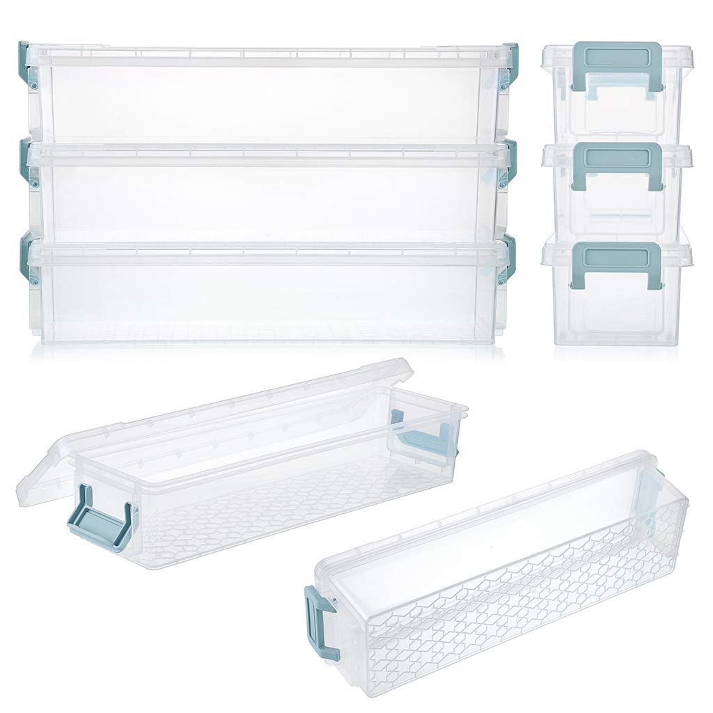 BTSKY Long Plastic Stackable Box Home, Office Supplies Storage Organizer Box Pencil Box Plastic Organizer Holder for Gel Pens Erasers Tape Pens Pencils Markers etc- 3 Pack - Clear with Blue Clip
