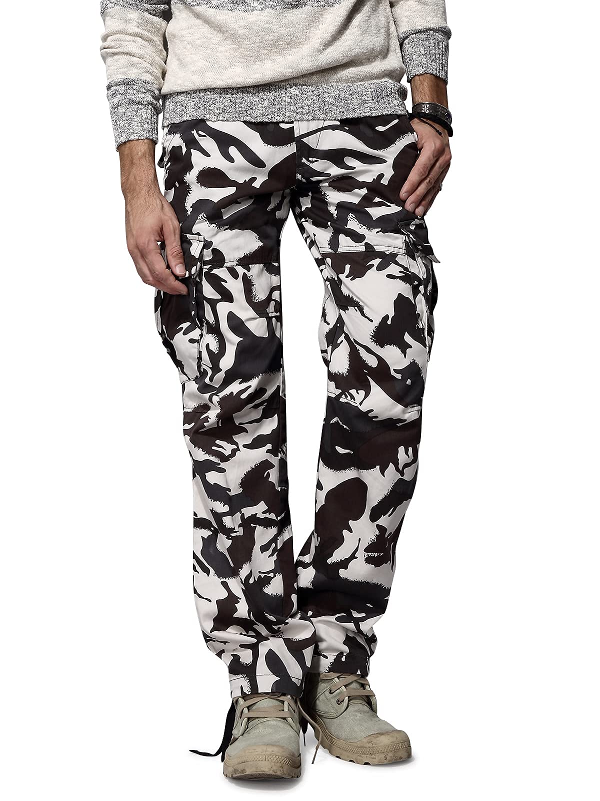Mesinsefra Men's Cotton Casual Military Army Cargo Camo Combat Work Pants with 8 Pocket Camo White 38