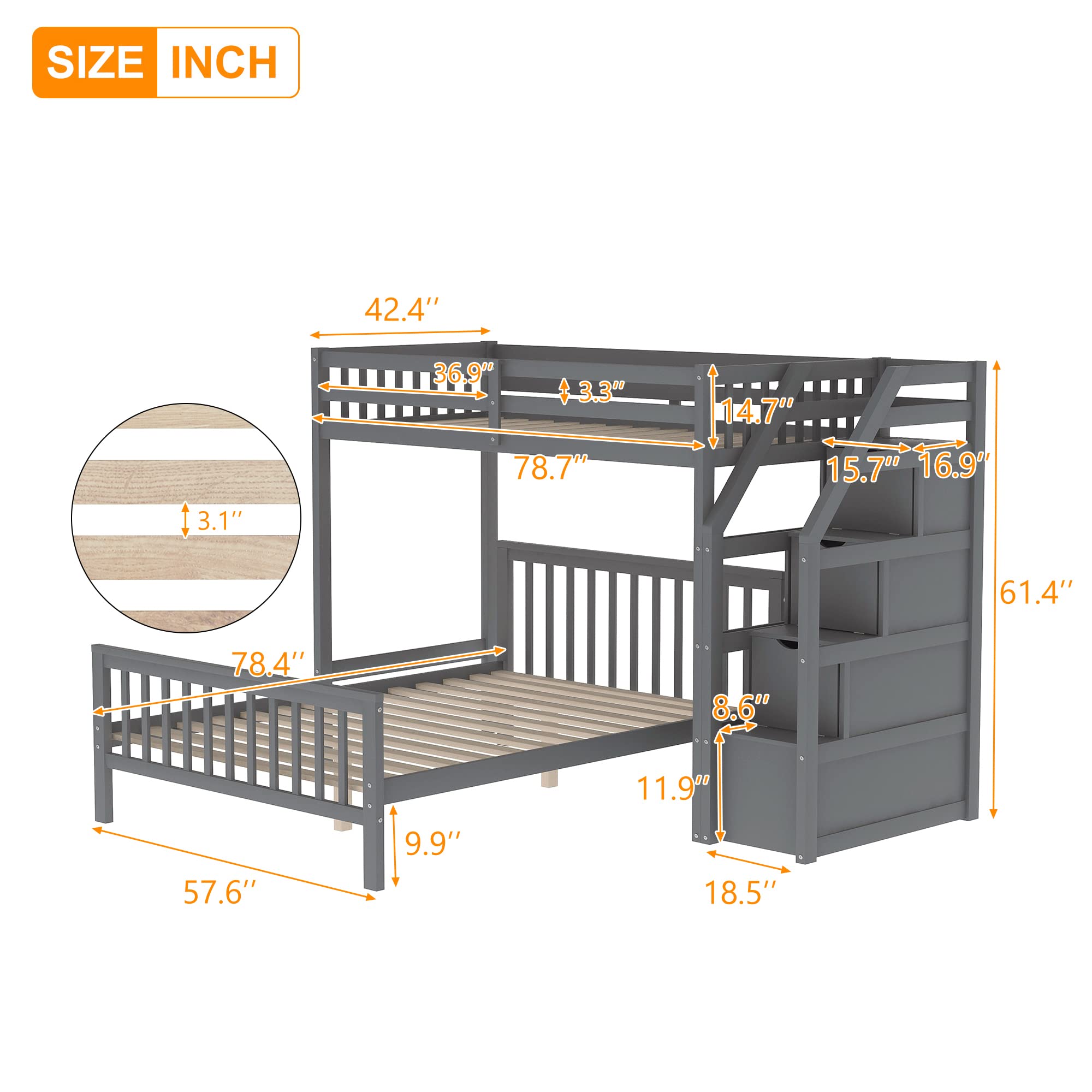 Harper & Bright Designs Gray Twin Over Full Bunk Beds with Staircase, Wooden L Shaped Bunk Beds for Kids, Twin Size Loft Bed with Storage Drawers and Full Platform Bed, No Box Spring Needed (Gray)