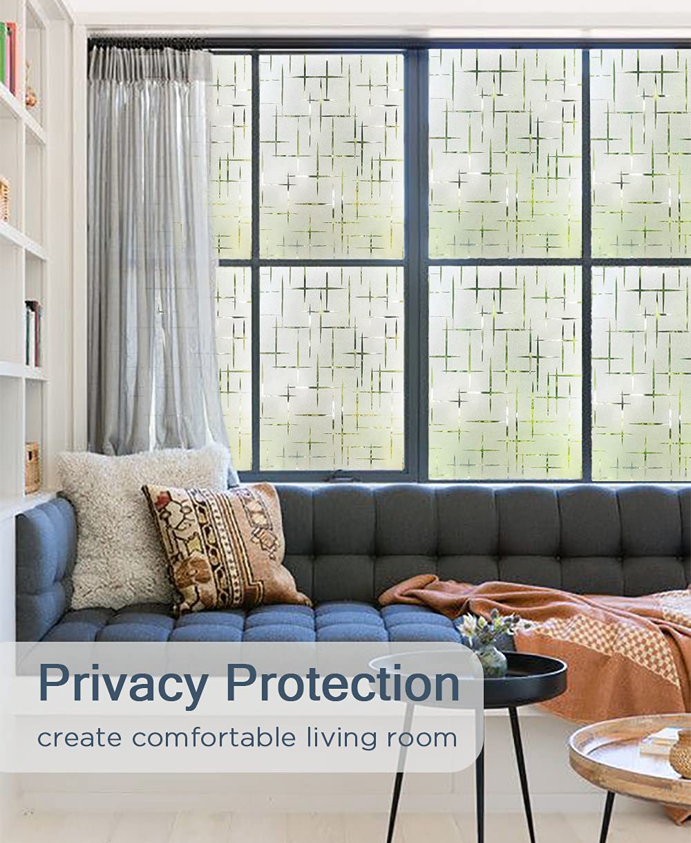 NINETREX Frosted Window Privacy Film,Window Cling Privacy Film, Decorative Glass Static Cling Non-Adhesive Vinyl Removable for Home Office Cross Pattern,17.5 x 78.7Inches