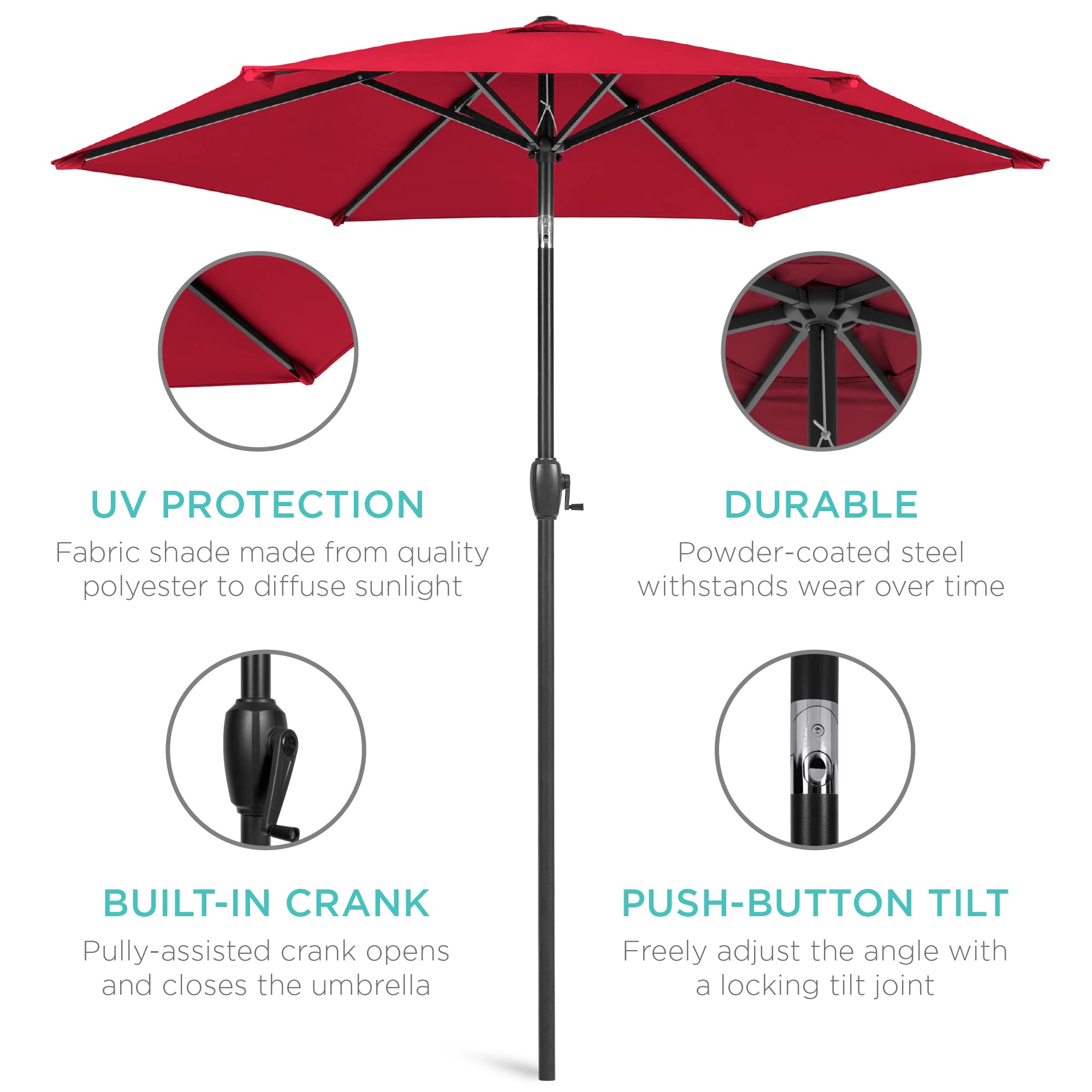 Best Choice Products 7.5ft Heavy-Duty Round Outdoor Market Table Patio Umbrella w/Steel Pole, Push Button Tilt, Easy Crank Lift - Red