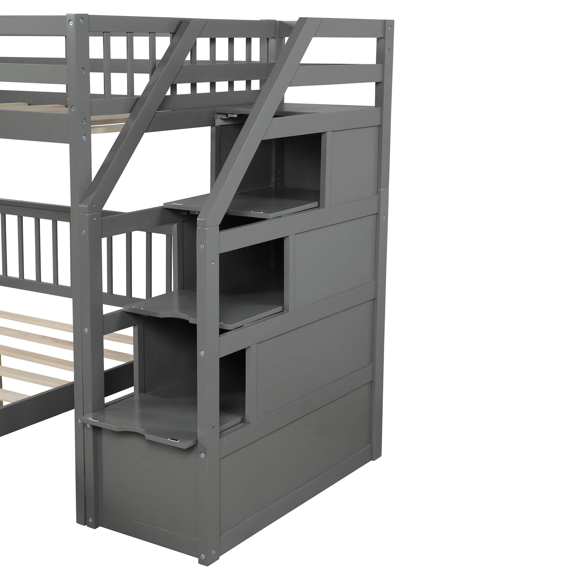 Harper & Bright Designs Gray Twin Over Full Bunk Beds with Staircase, Wooden L Shaped Bunk Beds for Kids, Twin Size Loft Bed with Storage Drawers and Full Platform Bed, No Box Spring Needed (Gray)