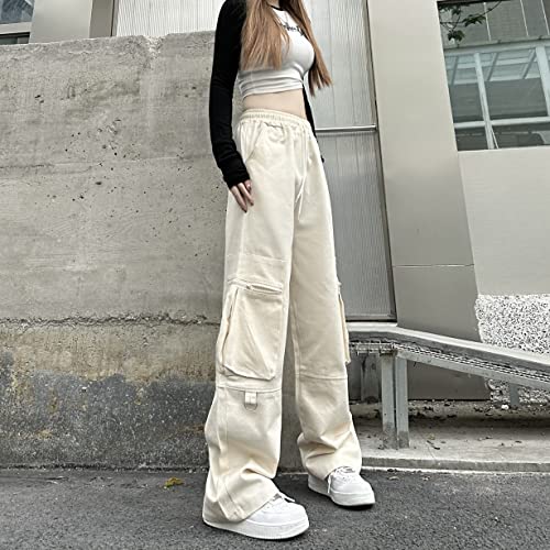 Women's Pants Cargo Jogger with Pockets Casual Work Trousers Loose Gothic Hiking Combat Sports Pants White