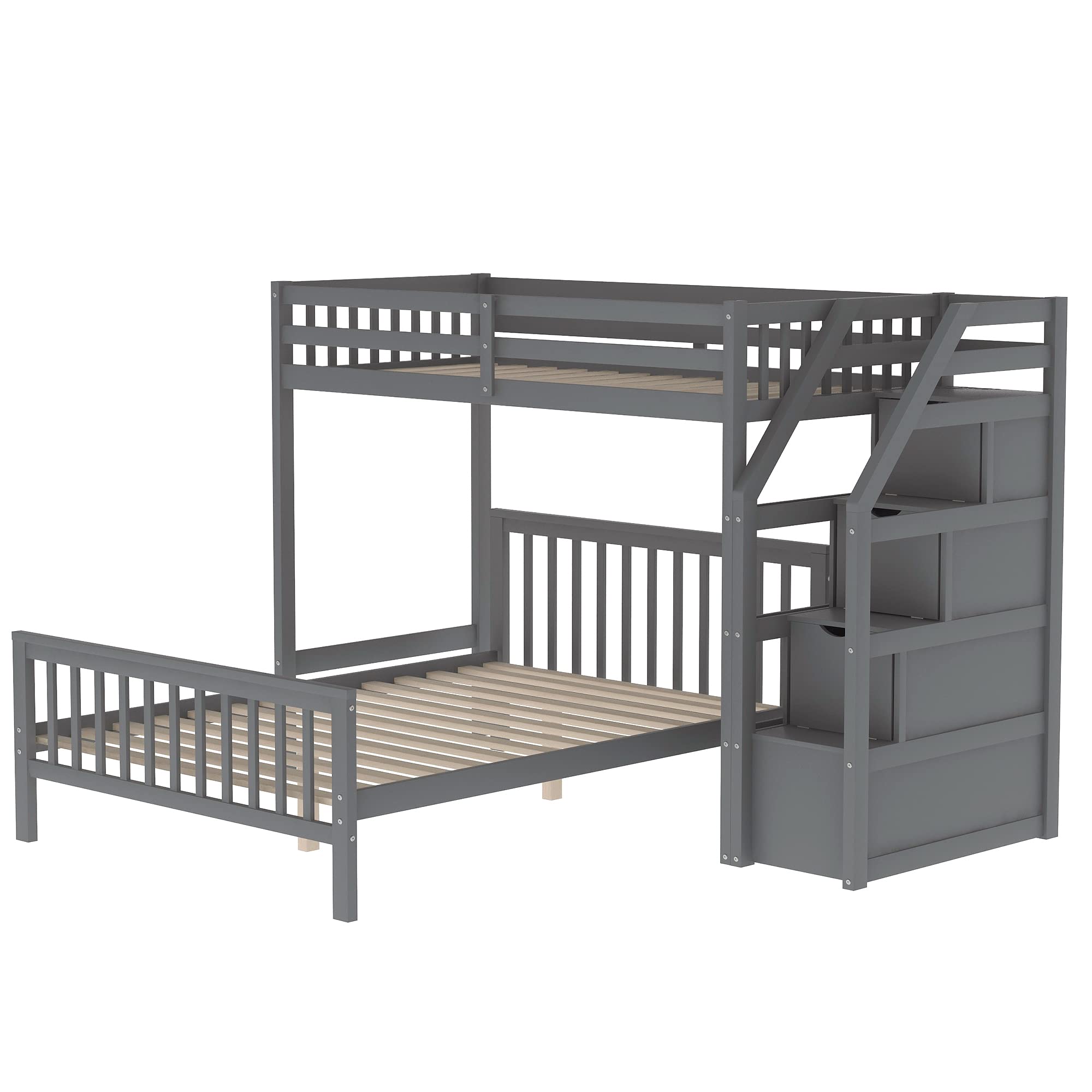 Harper & Bright Designs Gray Twin Over Full Bunk Beds with Staircase, Wooden L Shaped Bunk Beds for Kids, Twin Size Loft Bed with Storage Drawers and Full Platform Bed, No Box Spring Needed (Gray)