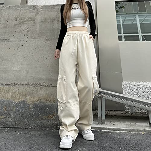 Women's Pants Cargo Jogger with Pockets Casual Work Trousers Loose Gothic Hiking Combat Sports Pants White