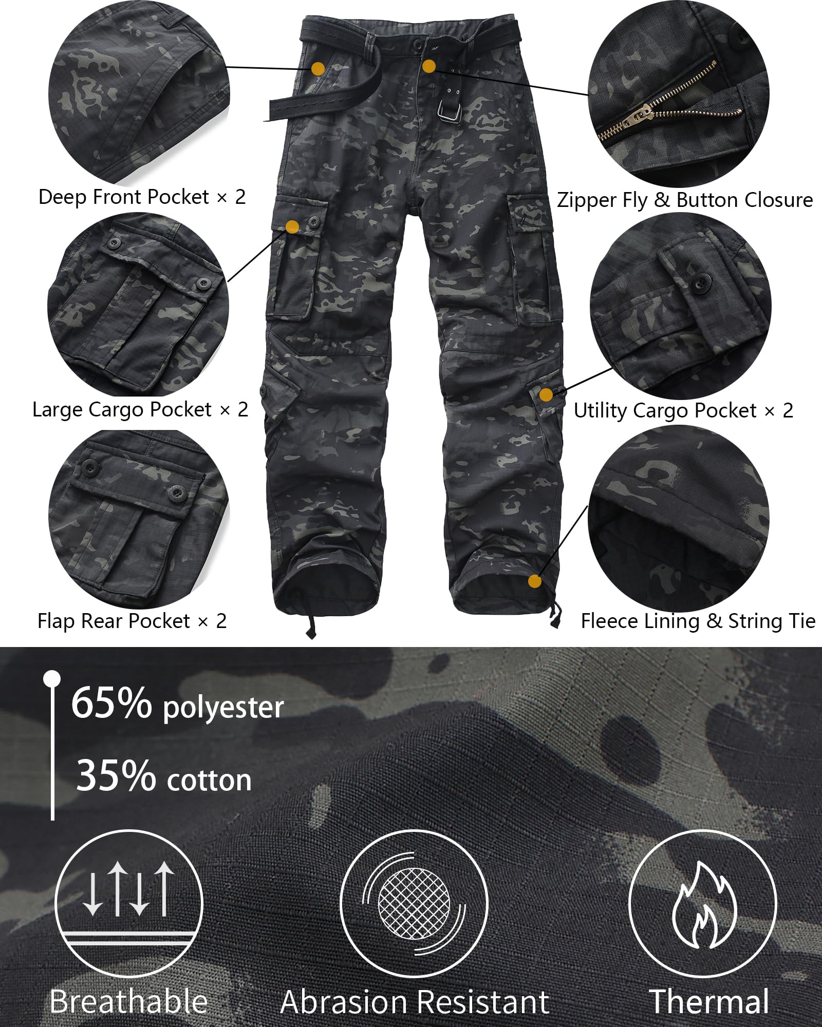GSGGIG Men's Fleece Lined Camo Hiking Tactical Ripstop Pants Winter Outdoor Work Cargo Pants with 8Pockets No Belt JR55 Black CP CAMO 32