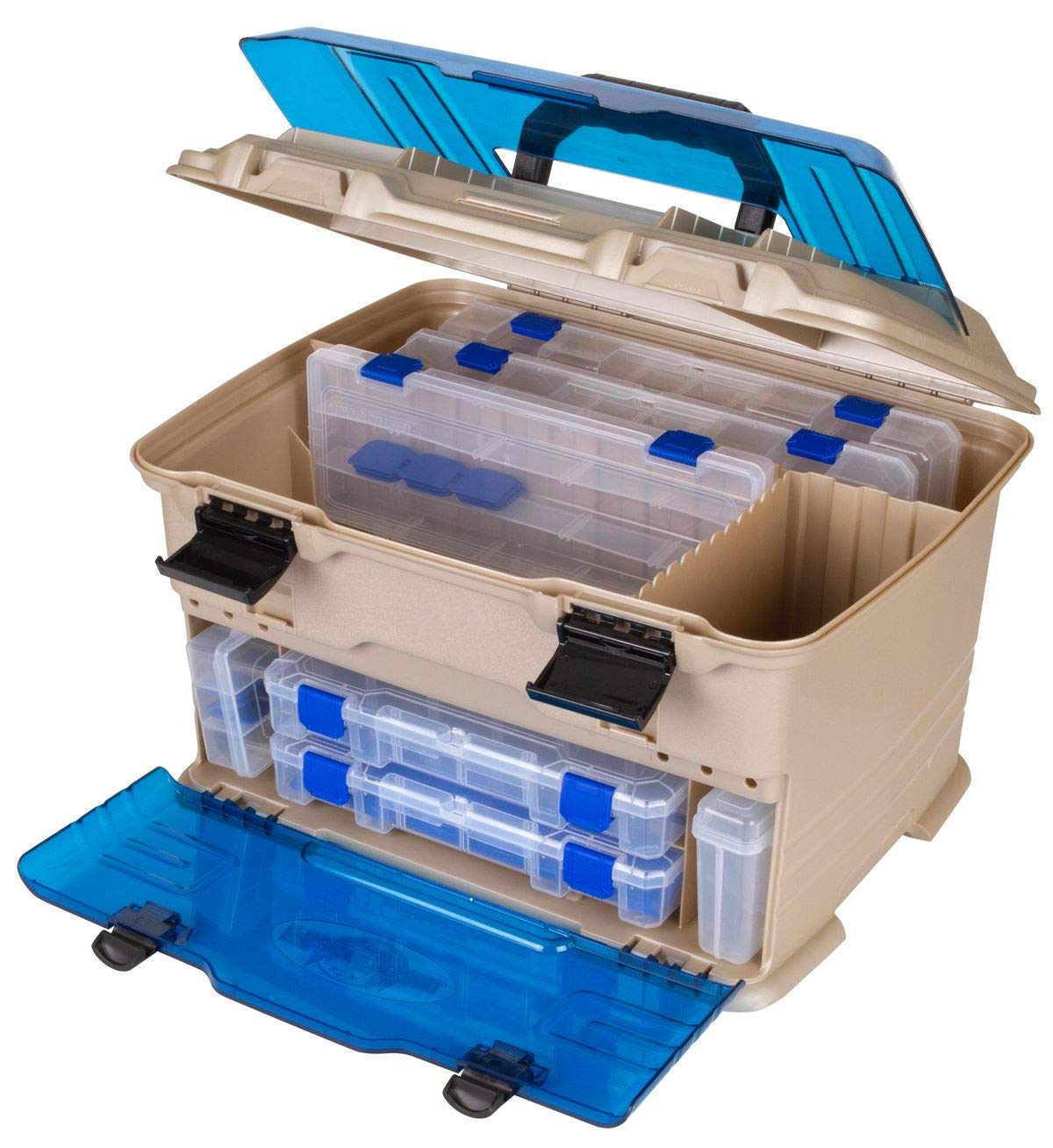 Flambeau Outdoors T5P Pro Multiloader Tackle Box, Fishing Organizer with Tuff Tainer Boxes, Zerust Anti-Corrosion Technology - Clear Blue/Gold