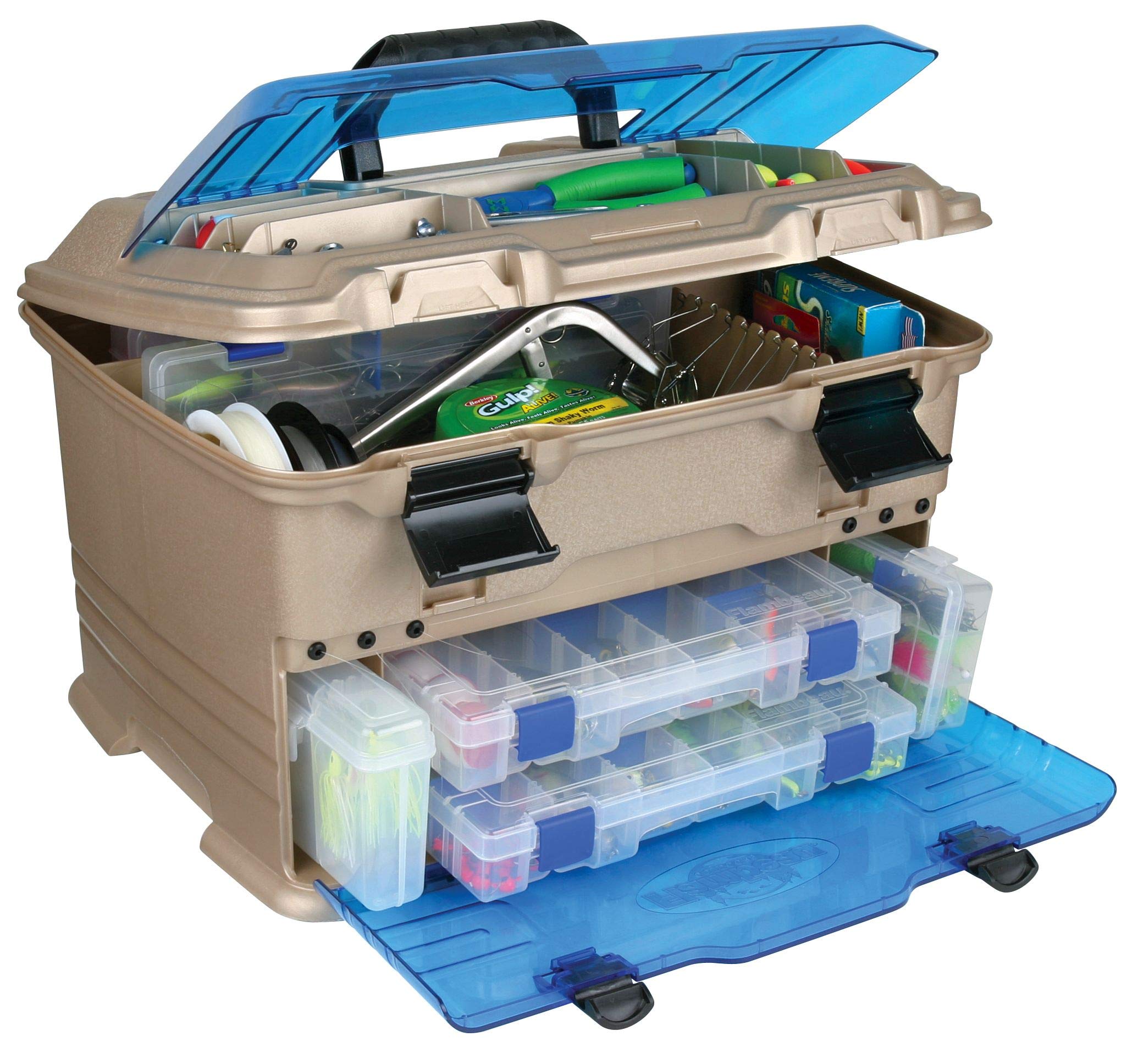 Flambeau Outdoors T5P Pro Multiloader Tackle Box, Fishing Organizer with Tuff Tainer Boxes, Zerust Anti-Corrosion Technology - Clear Blue/Gold