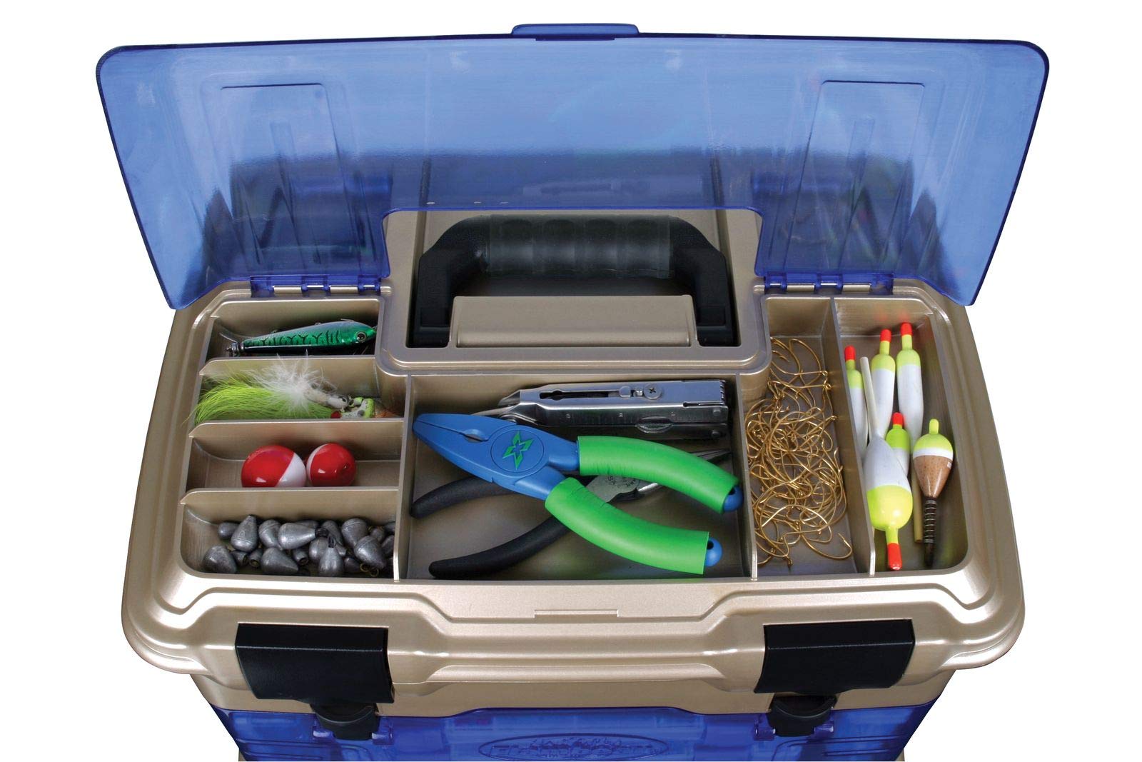 Flambeau Outdoors T5P Pro Multiloader Tackle Box, Fishing Organizer with Tuff Tainer Boxes, Zerust Anti-Corrosion Technology - Clear Blue/Gold