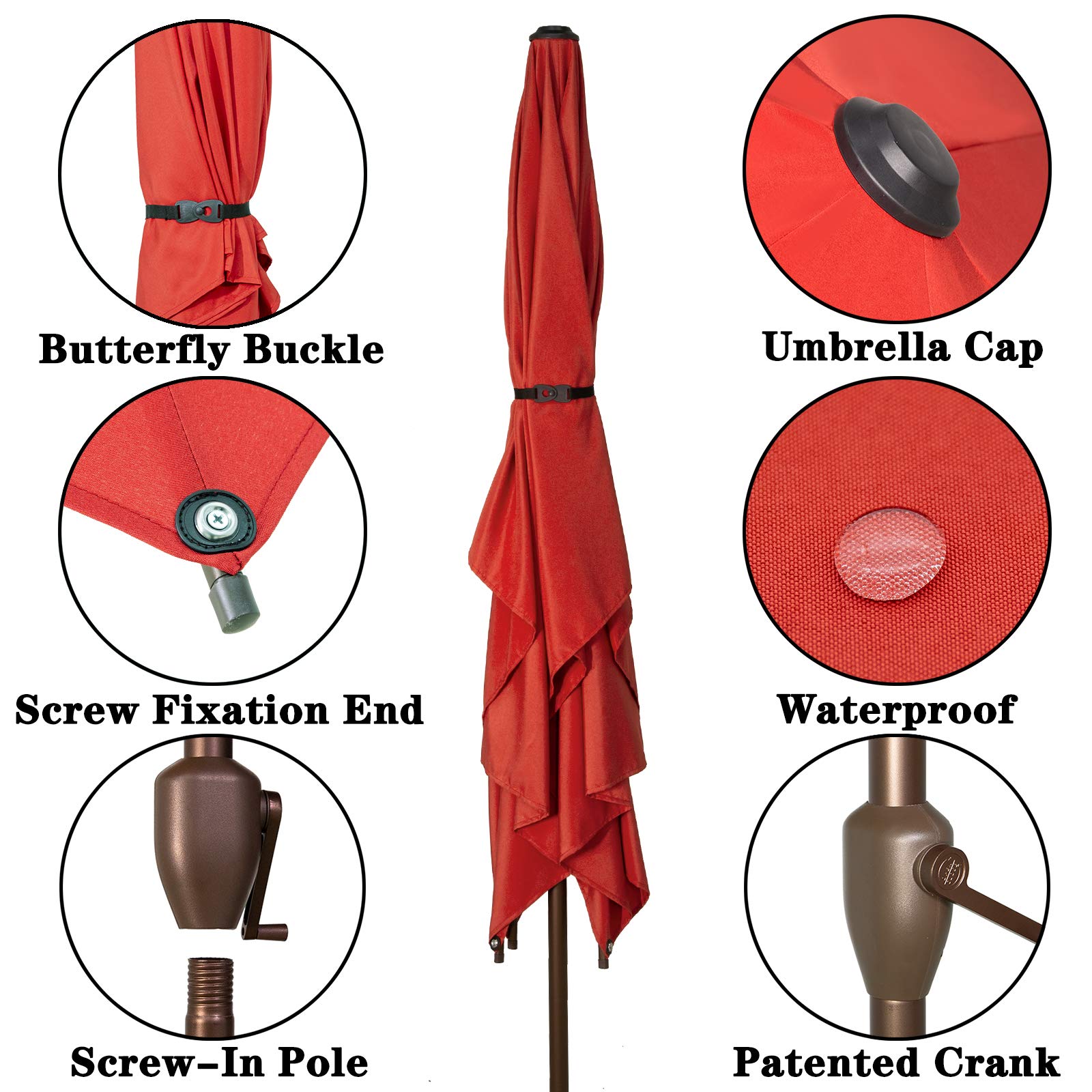 Ogrmar 6.5x10ft Patio Umbrella Rectangular Outdoor Table Umbrella with Crank & Push Button Tilt for Terrace, Backyard, Garden, Courtyard, Swimming Pool, Lawn (Dark Red)