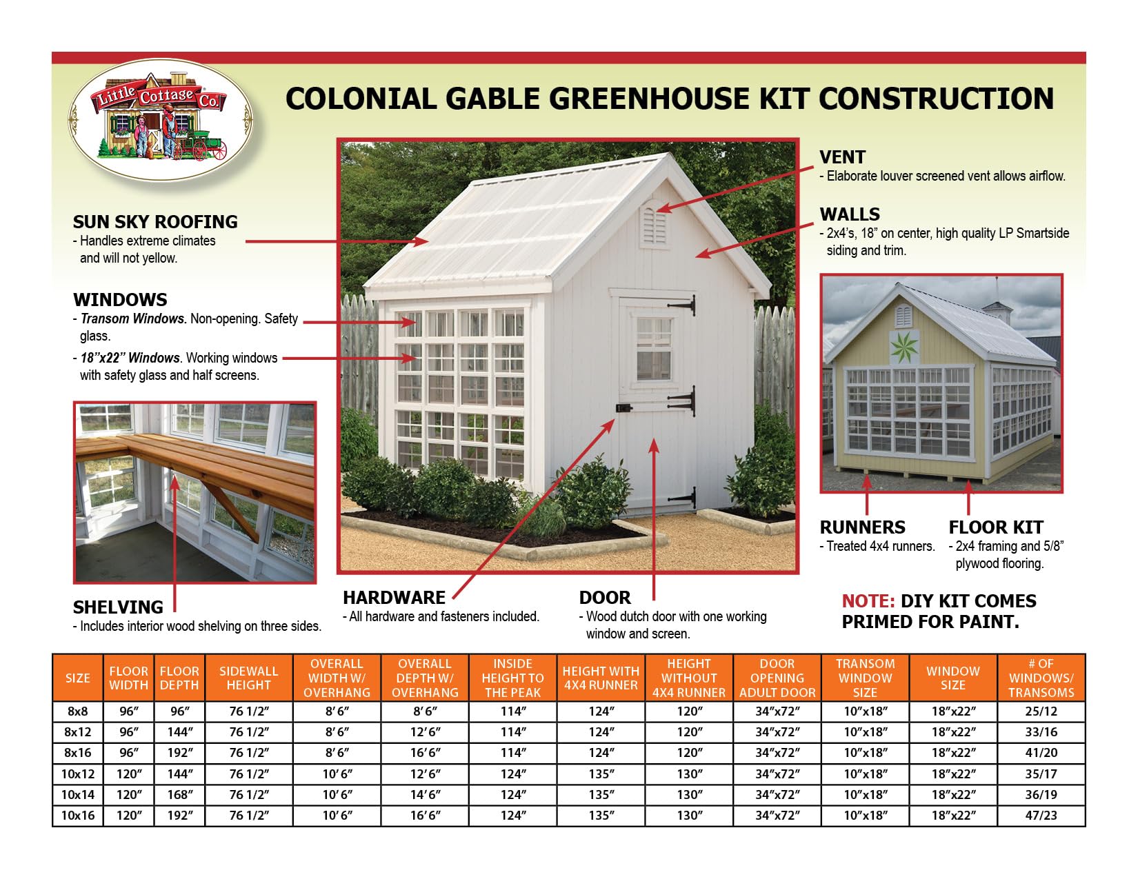 Little Cottage Co. 8x12 Colonial Gable Greenhouse - Wood DIY Kit for Garden, Backyard, Lawn
