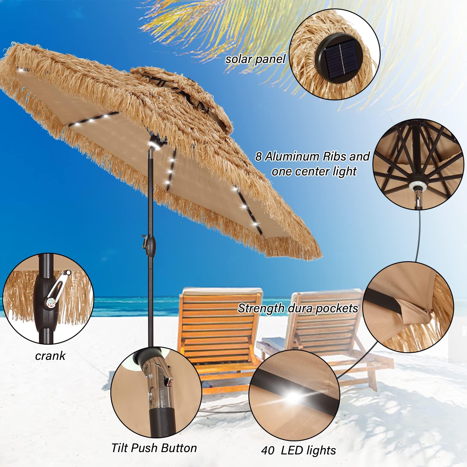 Wonlink 9 FT Patio Tiki Umbrella, Outdoor Patio Umbrellas with 32 LED Lighted Double Top Thatched for Pool Beach