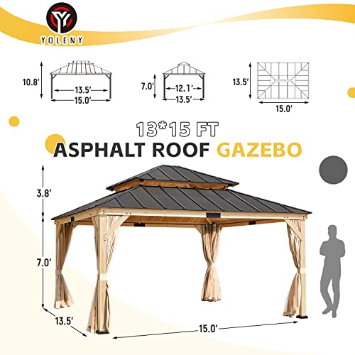 YOLENY 13' x 15' Solid Spruce Wood Gazebo, Hardtop Gazebo with Coated Wood Frame, Waterproof Asphalt Double Roof, Nettings and Curtains for Lawns, Gardens, Decks, and Patios