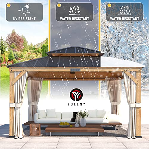 YOLENY 13' x 15' Solid Spruce Wood Gazebo, Hardtop Gazebo with Coated Wood Frame, Waterproof Asphalt Double Roof, Nettings and Curtains for Lawns, Gardens, Decks, and Patios