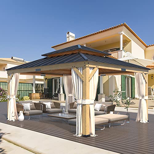 YOLENY 13' x 15' Solid Spruce Wood Gazebo, Hardtop Gazebo with Coated Wood Frame, Waterproof Asphalt Double Roof, Nettings and Curtains for Lawns, Gardens, Decks, and Patios